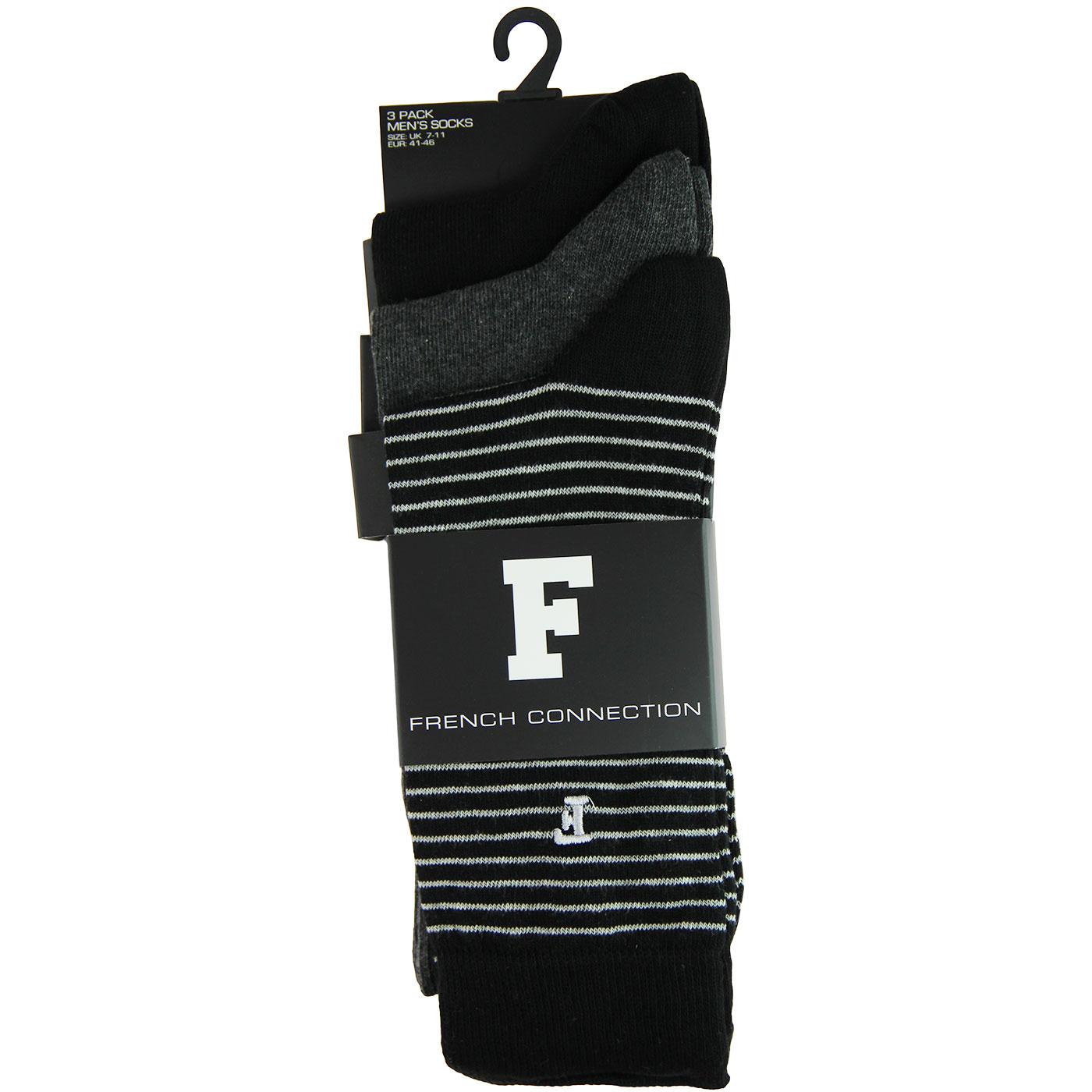 FRENCH CONNECTION 3 Pack Waterfall Retro Stripe Socks Grey