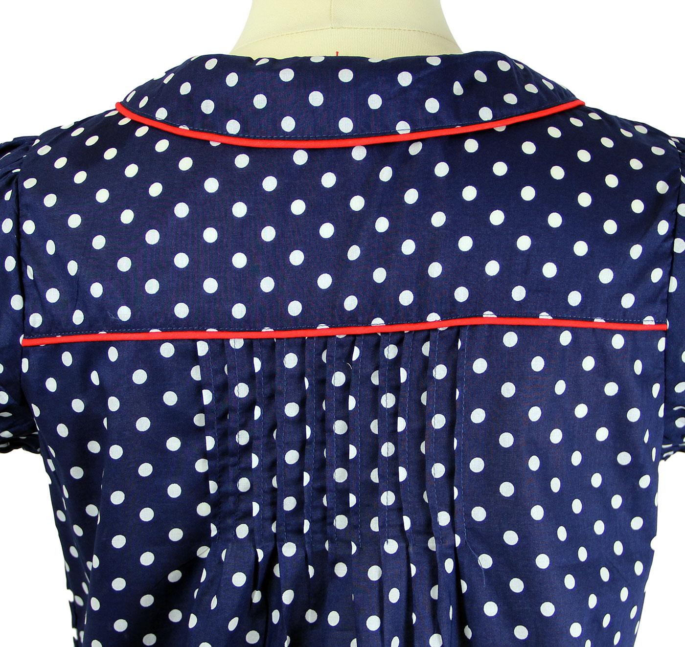 Friday On My Mind Paige Retro 50s Mod Polka Dot Shirt in Navy
