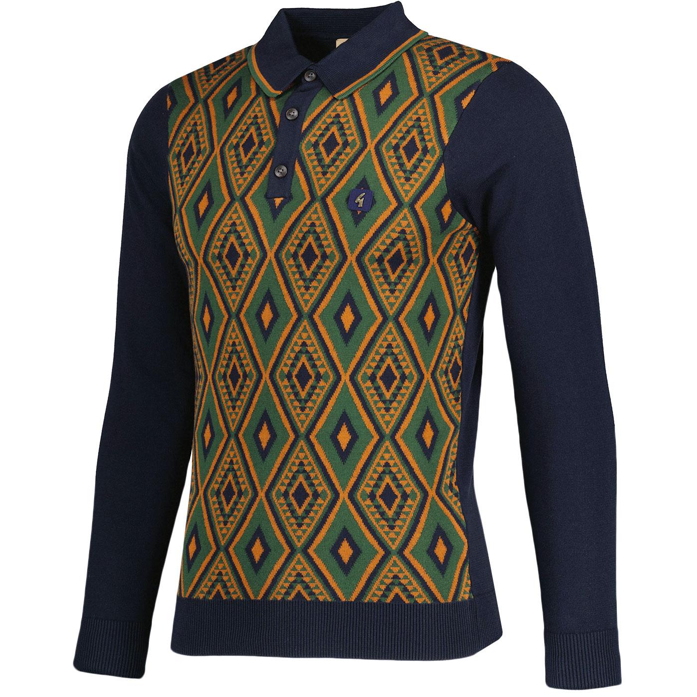 Gabicci Vintage Tanner Retro Diamond Panel Knit Polo Shirt Navy