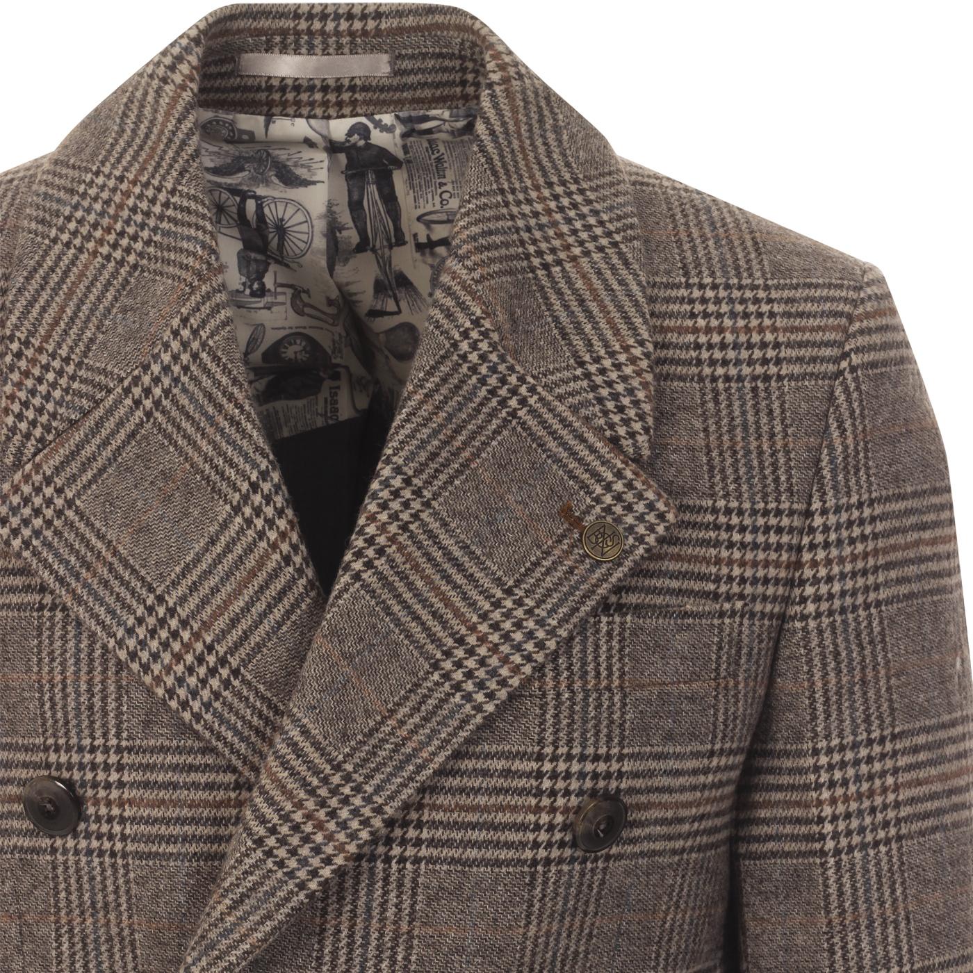 GIBSON LONDON Mod Double Breasted Fawn Check Overcoat