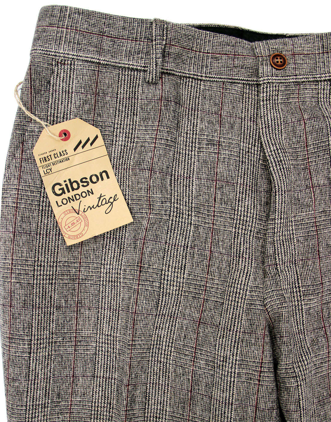 GIBSON LONDON Retro 1960s Mod POW Check Turn Up Trousers in Taupe