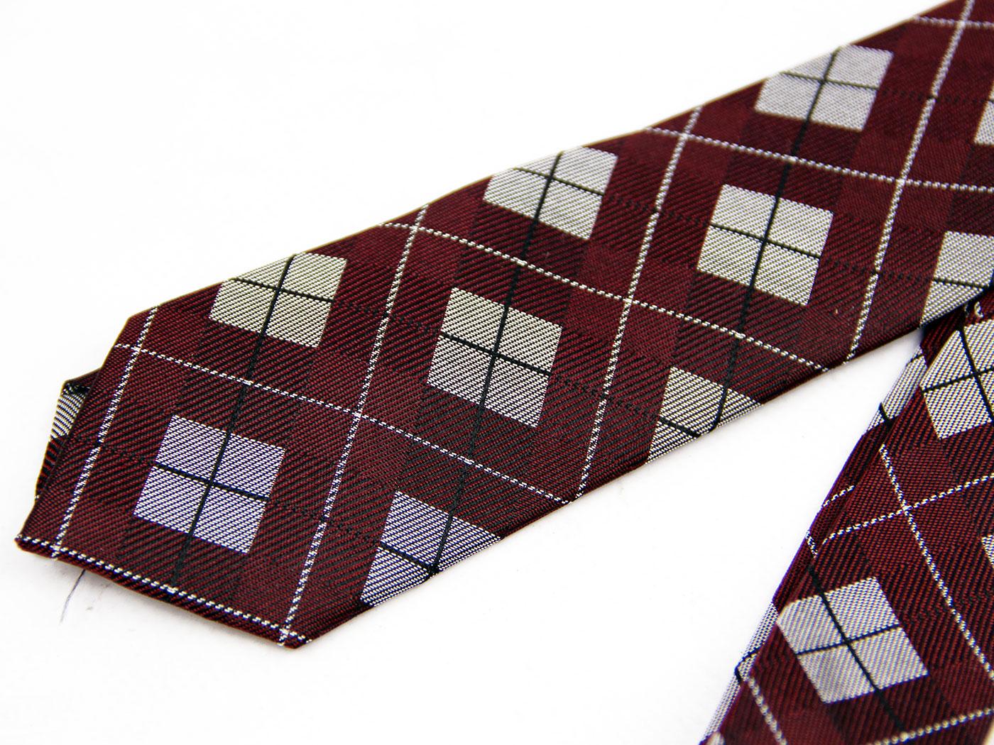 GIBSON LONDON Retro 60s Mod Plaid Check Skinny Tie Burgundy