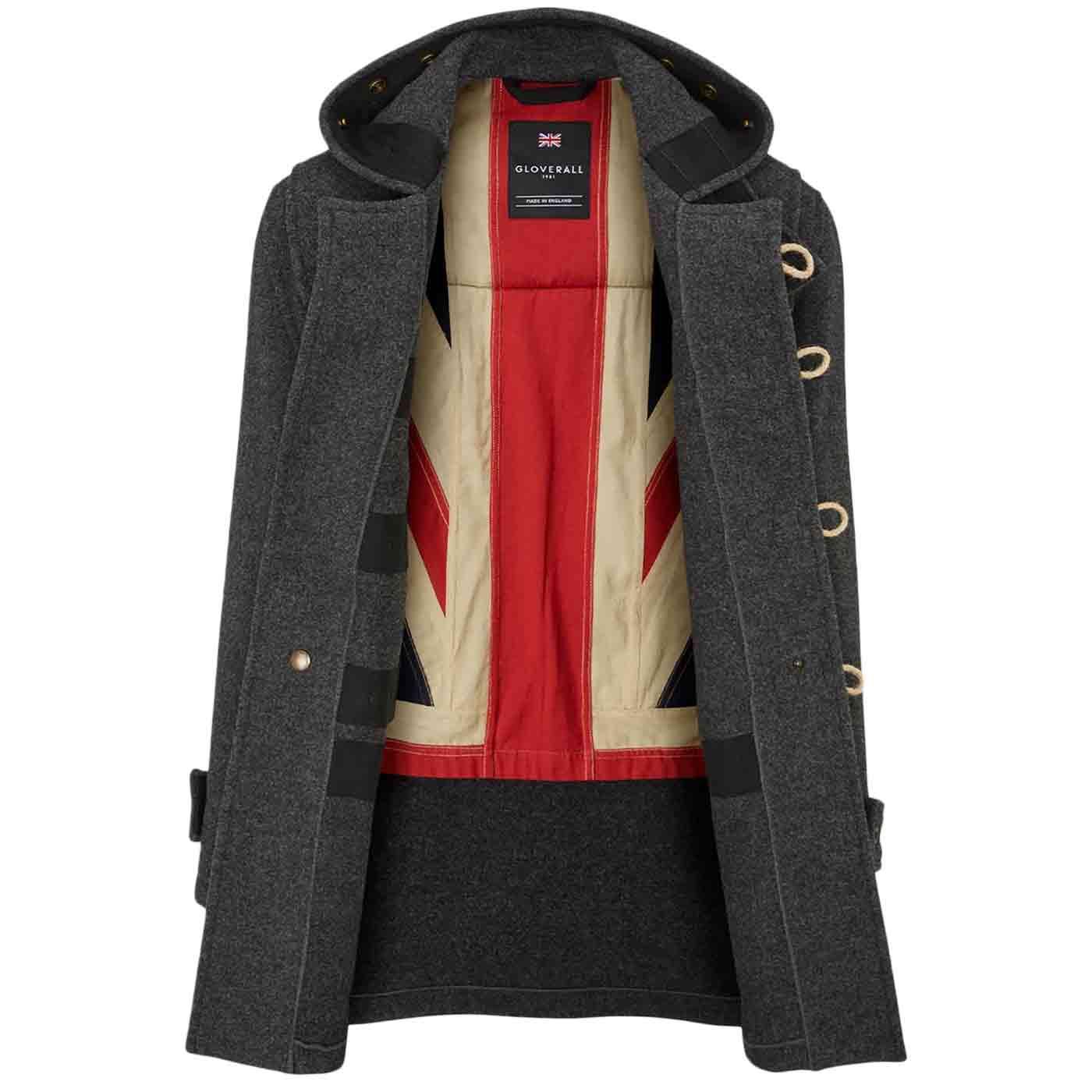 GLOVERALL Mod Union Jack Mid Monty Duffle Coat in Charcoal