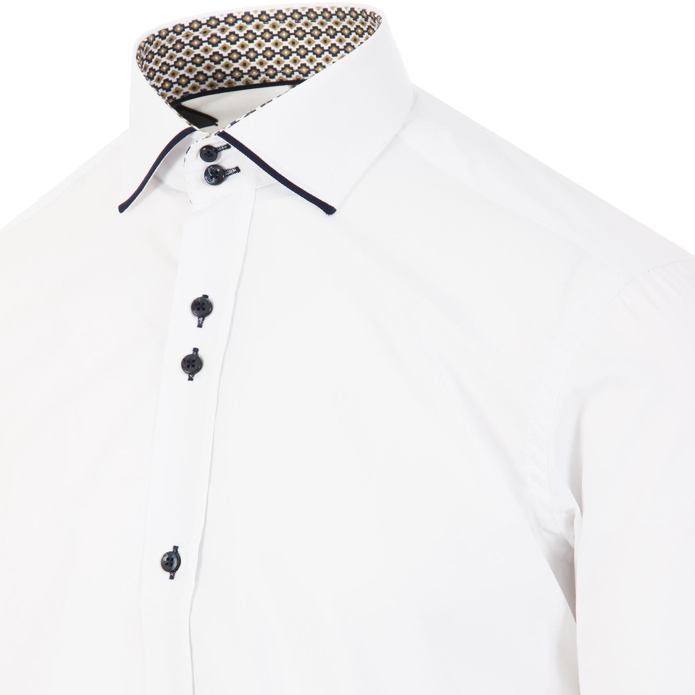 GUIDE LONDON Retro Mod Piping Collar Shirt in White/Navy