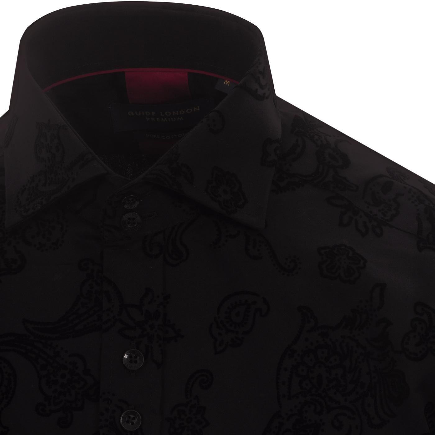 GUIDE LONDON Mod Baroque Paisley Flock Smart Shirt Black