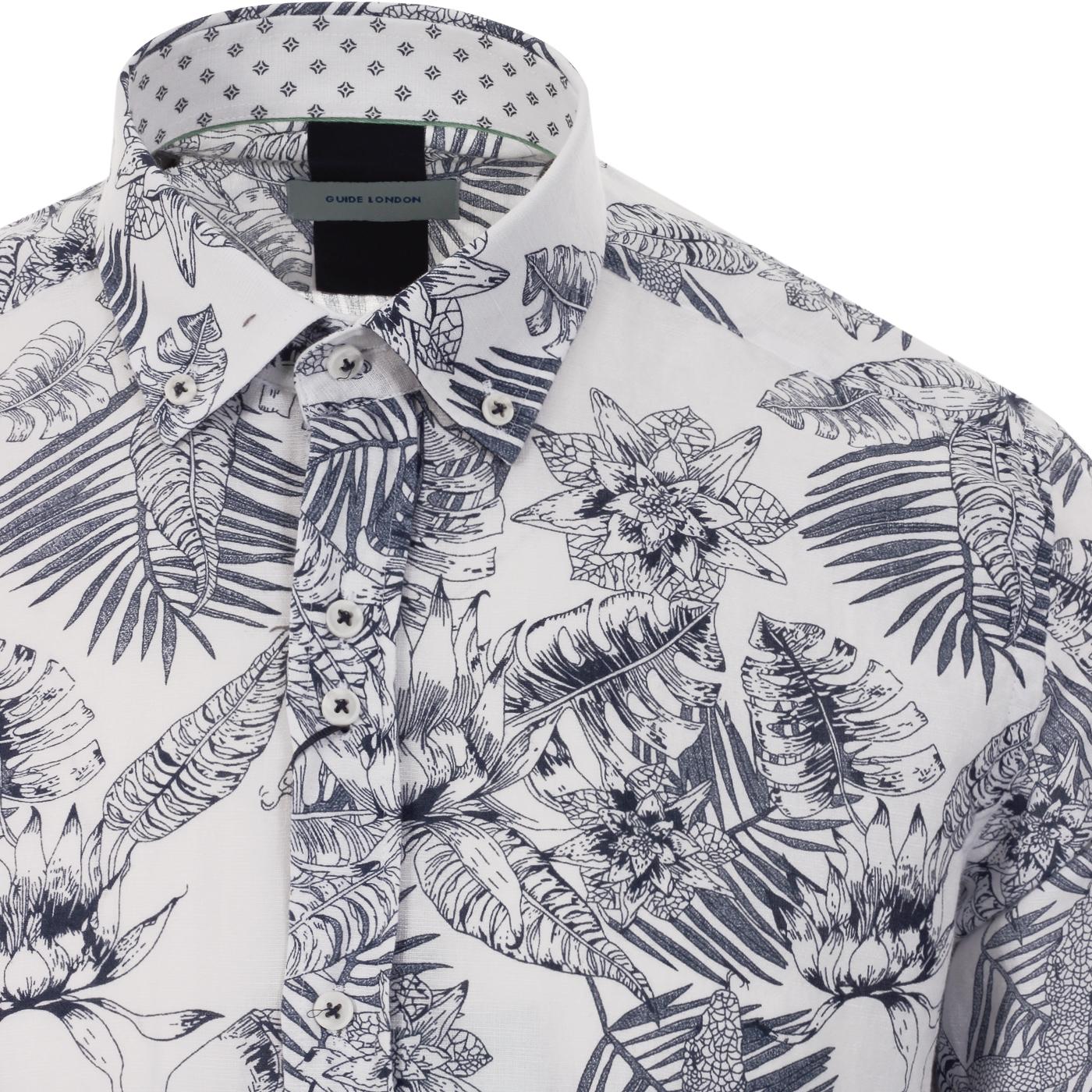 GUIDE LONDON 60s Mod Outline Floral Shirt in White/Navy