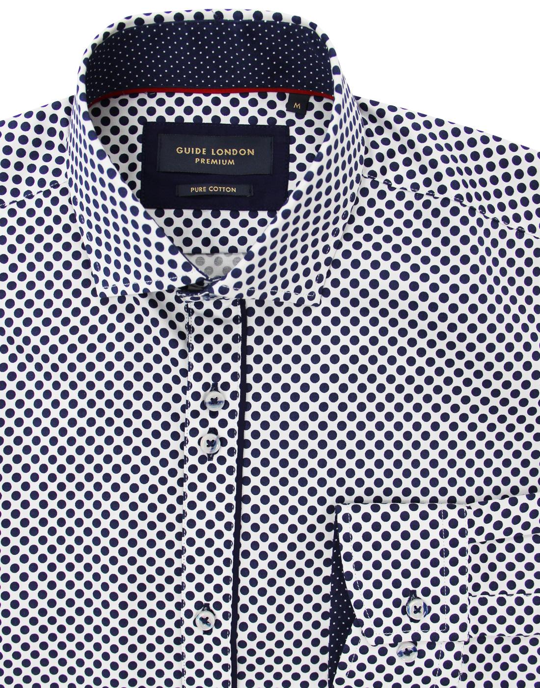 GUDE LONDON Men's Retro 60s Mod Piped Trim Polka Dot Shirt White