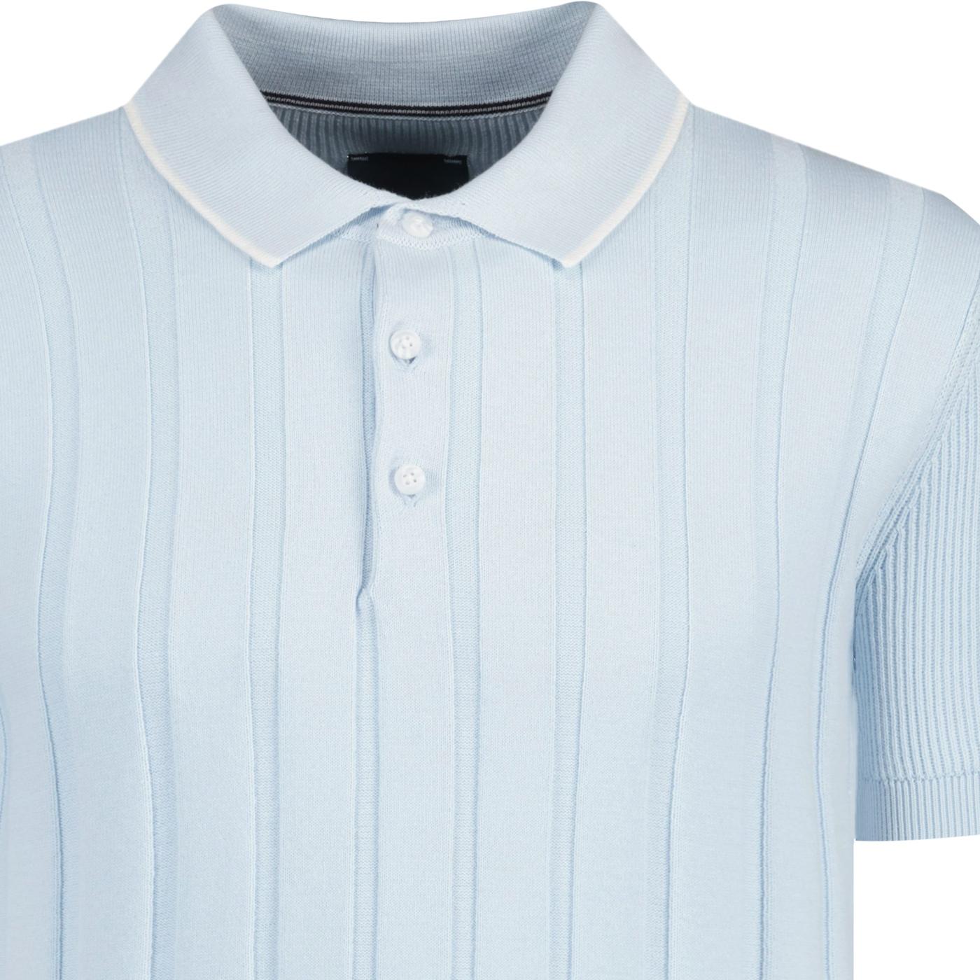 GUIDE LONDON Retro Wide Rib Cotton Knit Polo Shirt Sky Blue