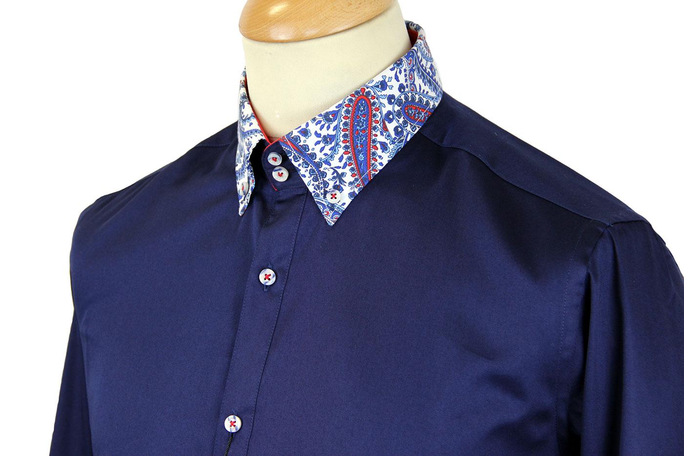 GUIDE LONDON Paisley Collar Retro 60s Button Down Mod Shirt Navy