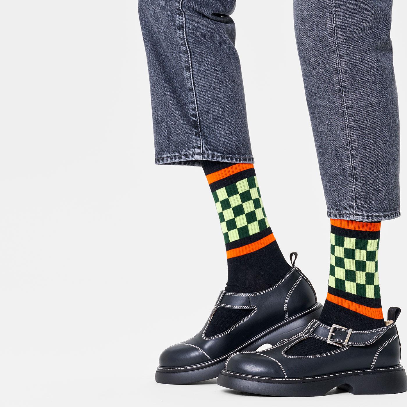 Happy Socks Checked Stripe Mod Sneaker Socks Black Green