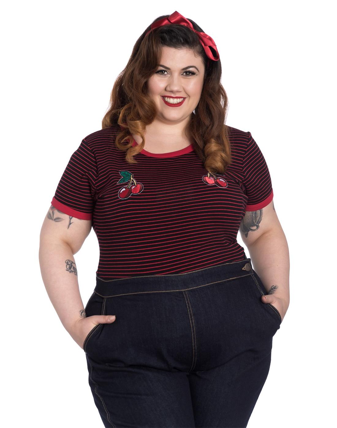HELL BUNNY Ellie Retro 60s Mod Cherry Fine Stripe Tee