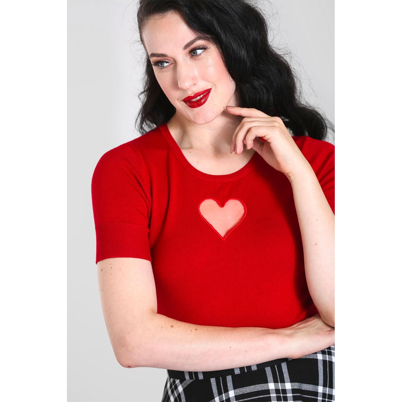 HELL BUNNY Heart Retro Heart Cut Out Knitted Top in Red