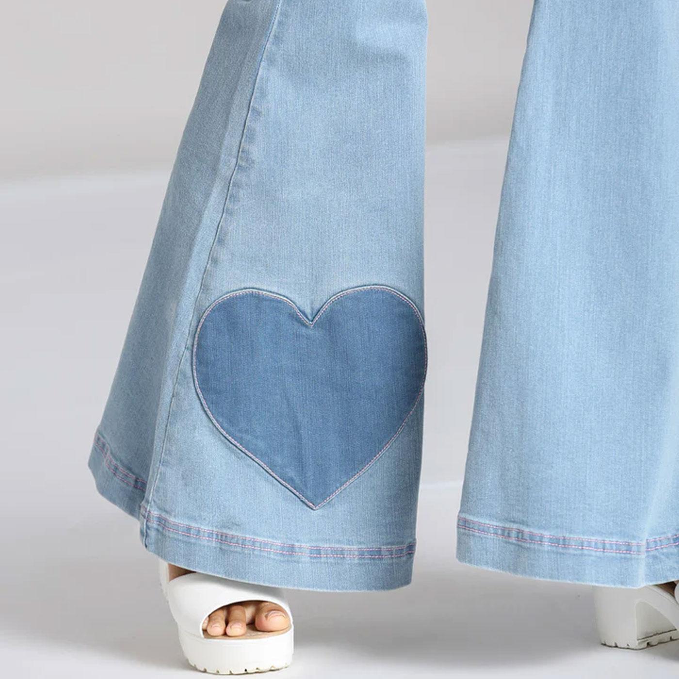 Hell Bunny Molly Heart Pocket Retro 70s Bell Bottom Jeans Blue