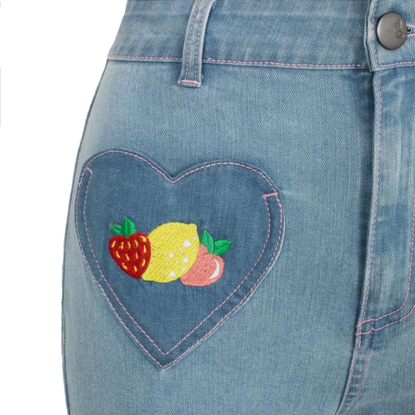 Hell Bunny Molly Heart Pocket Retro 70s Bell Bottom Jeans Blue
