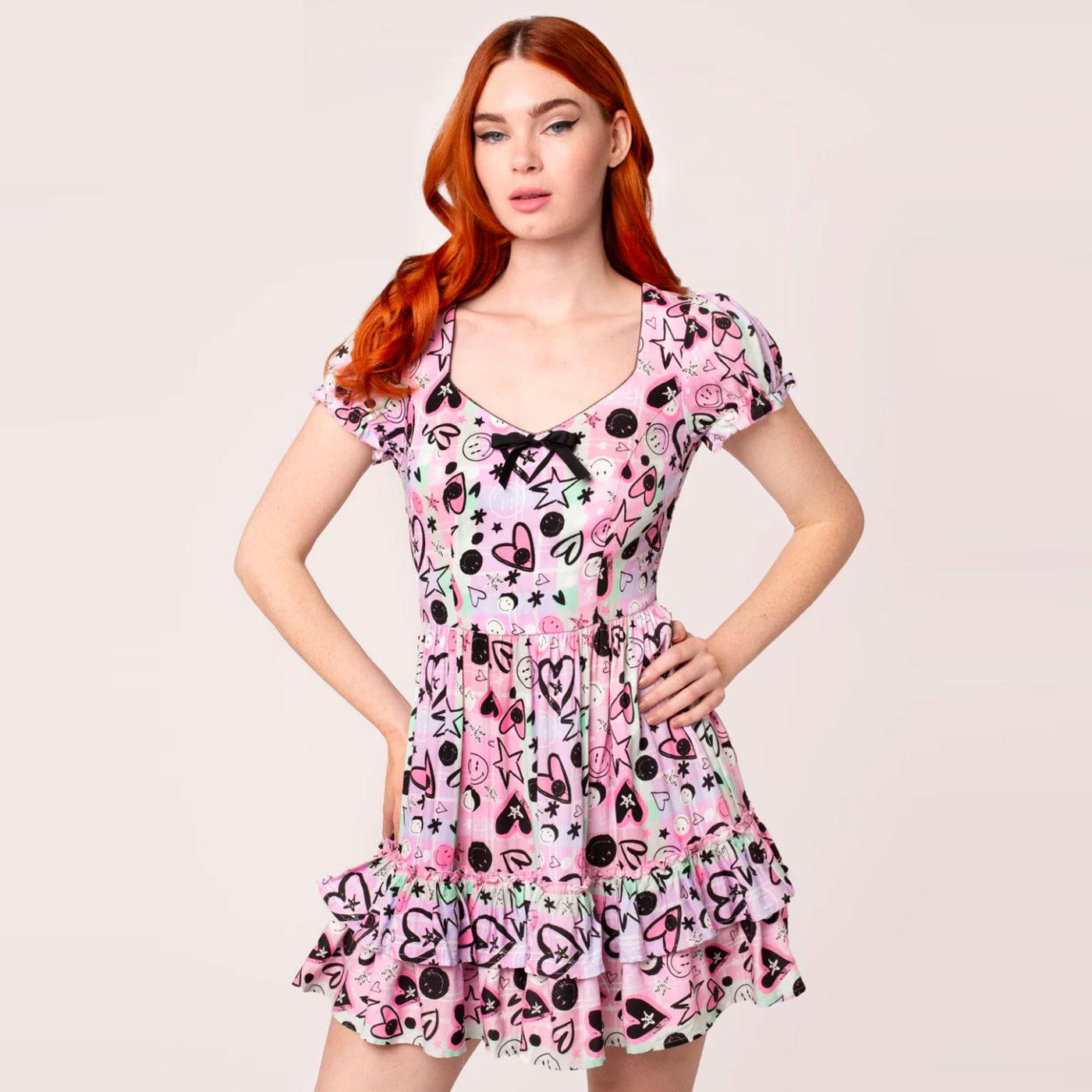 Hell Bunny x Smiley® Originals Robbie Tartan Mini Dress in Pink