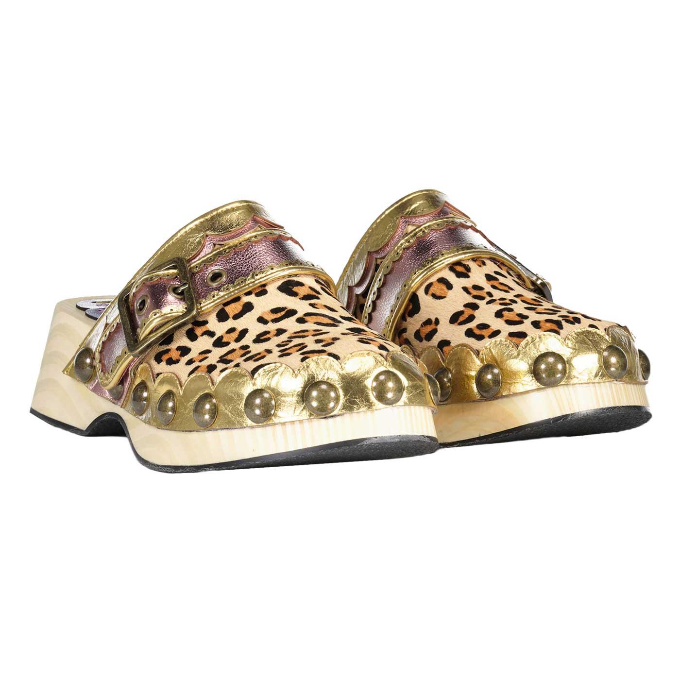 Clever Clog Irregular Choice Retro 70s Clogs in Gold and Beige