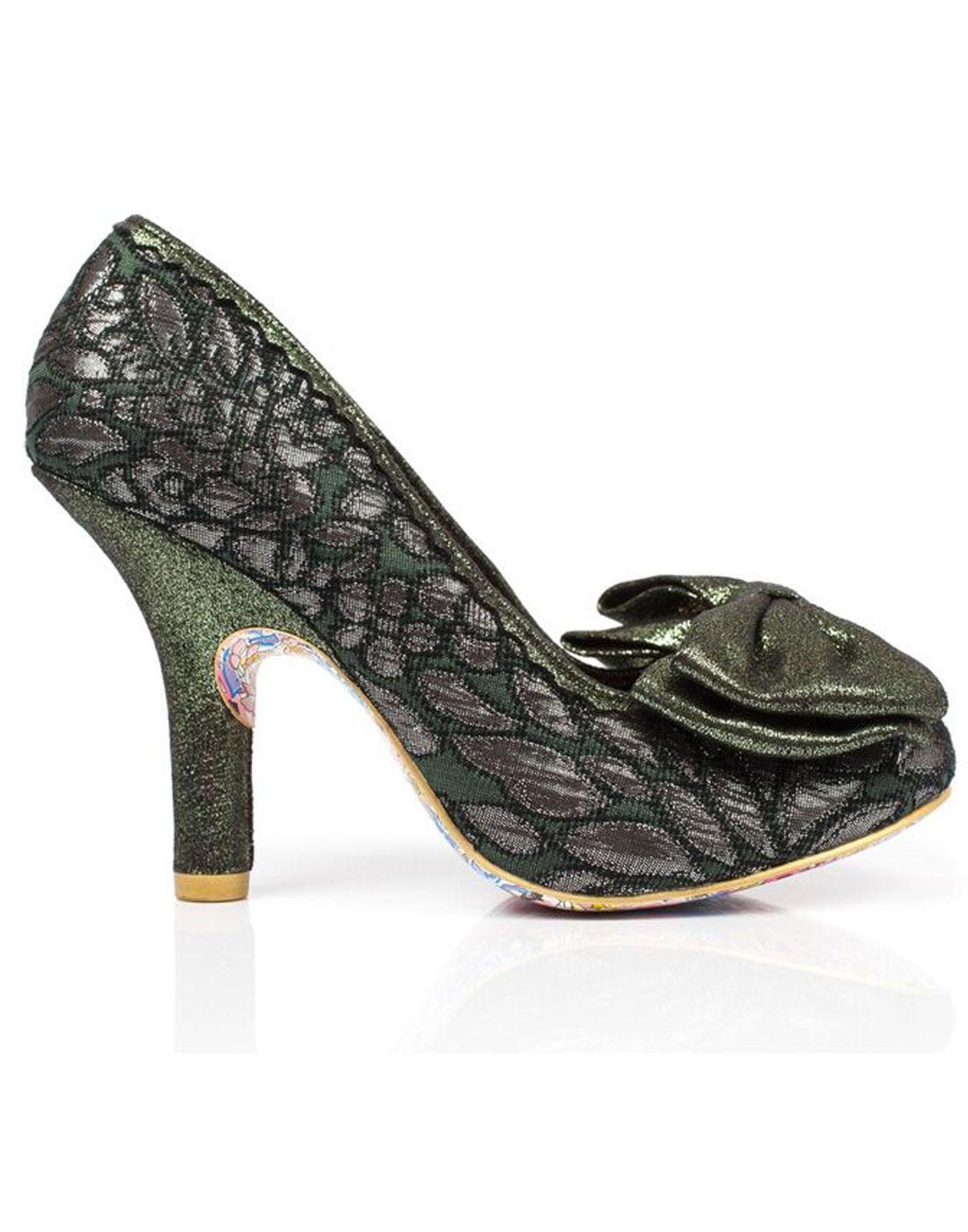 IRREGULAR CHOICE Mal E Bow Retro 50s Green Floral Glitter Heels