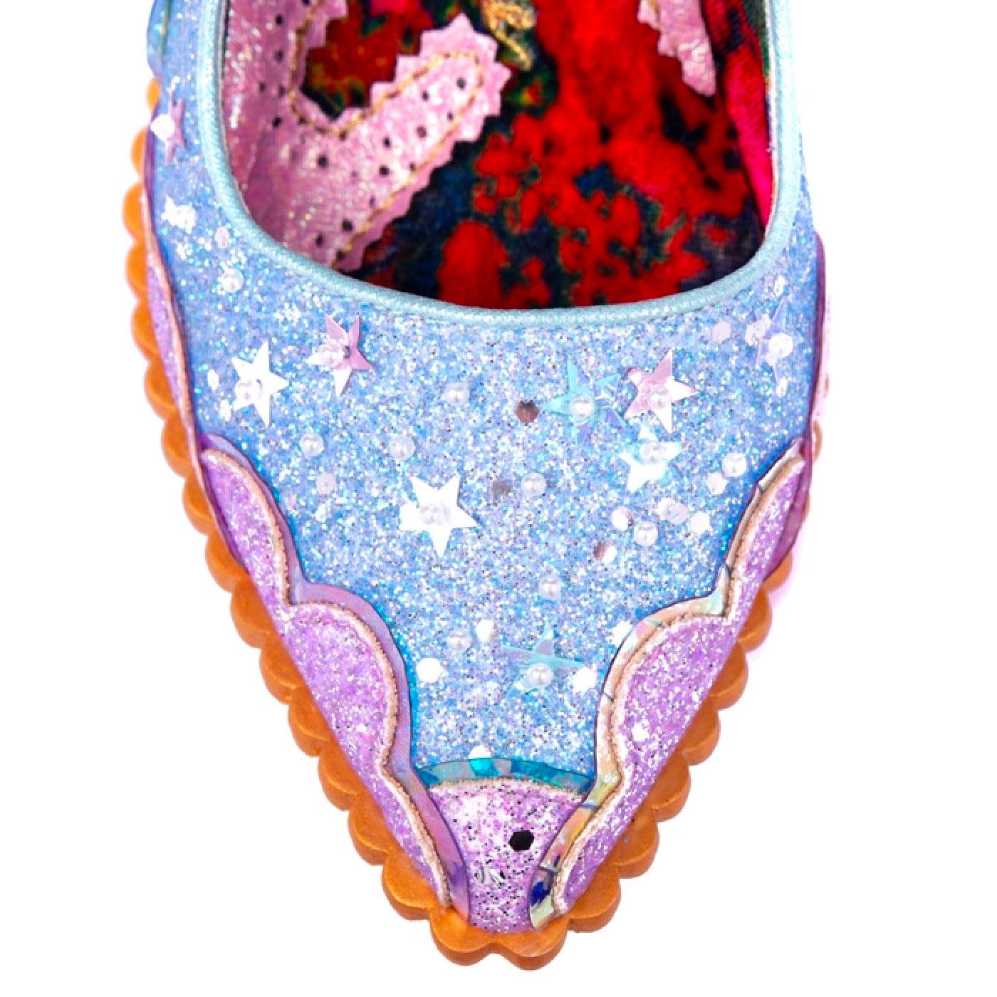 IRREGULAR CHOICE Shortie Bread Blue Glitter Pointed Heels