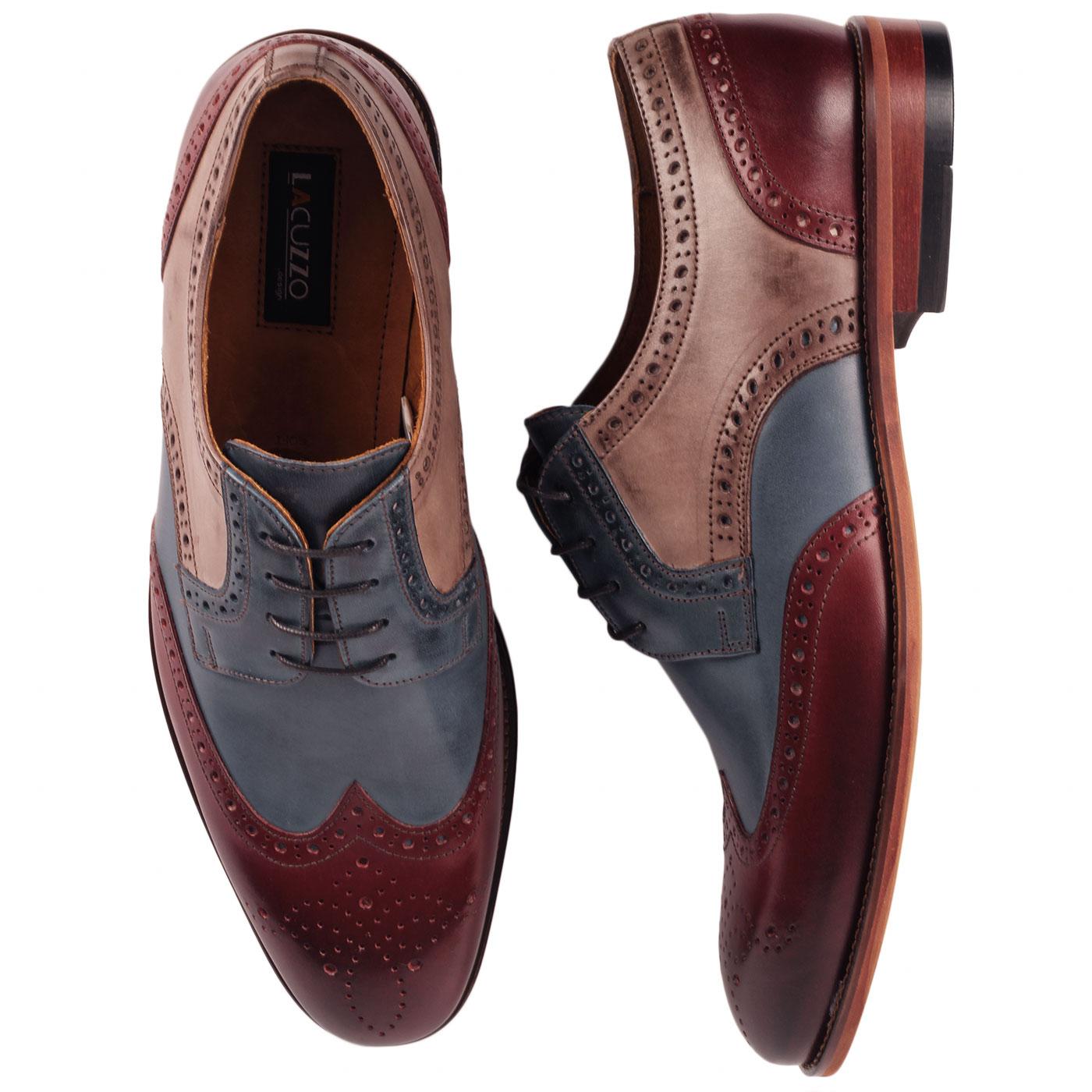 LACUZZO Retro 60s Mod Tr-Colour Brogue Shoes in Claret