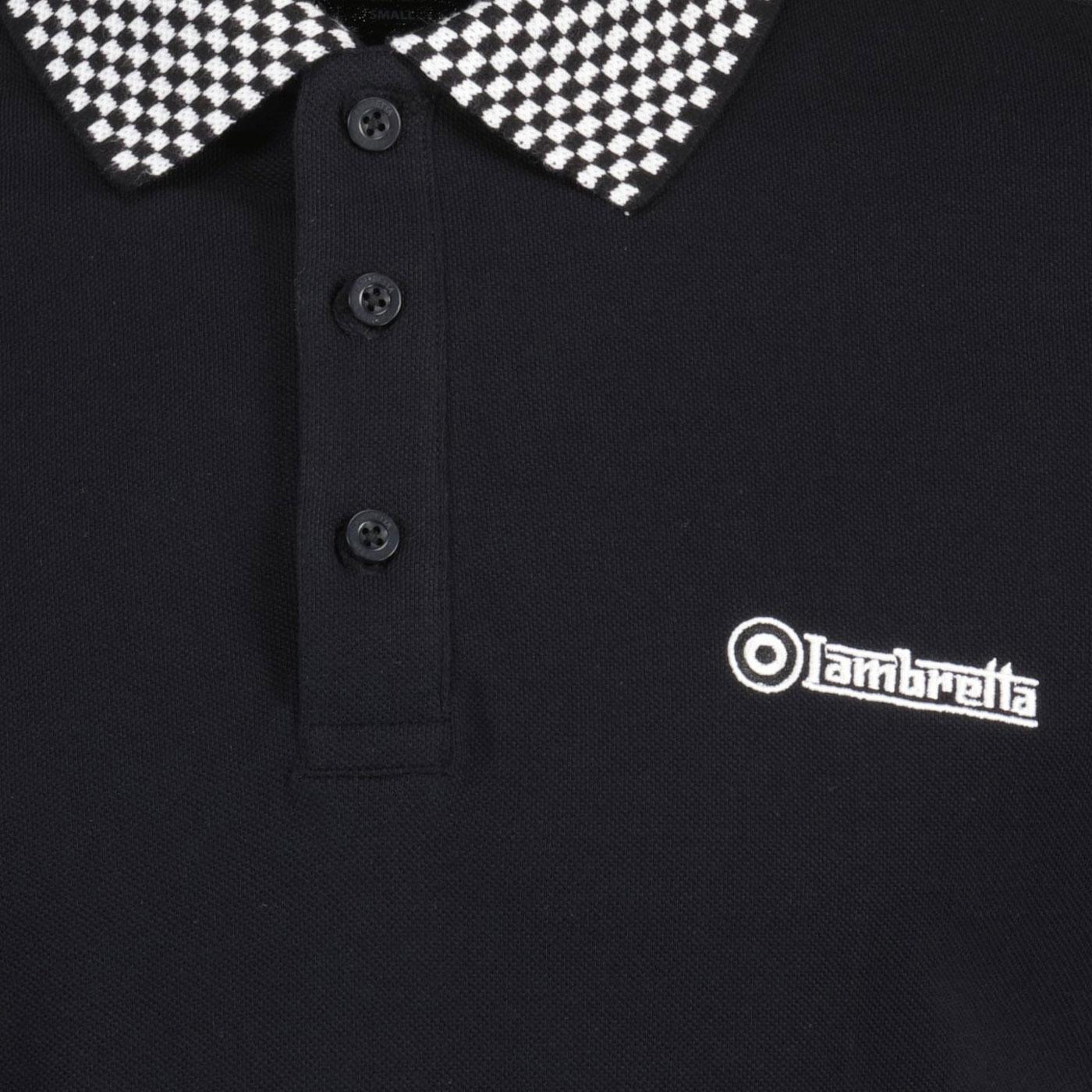 Lambretta Retro 2Tone Ska Check Collar Pique Polo Shirt Black