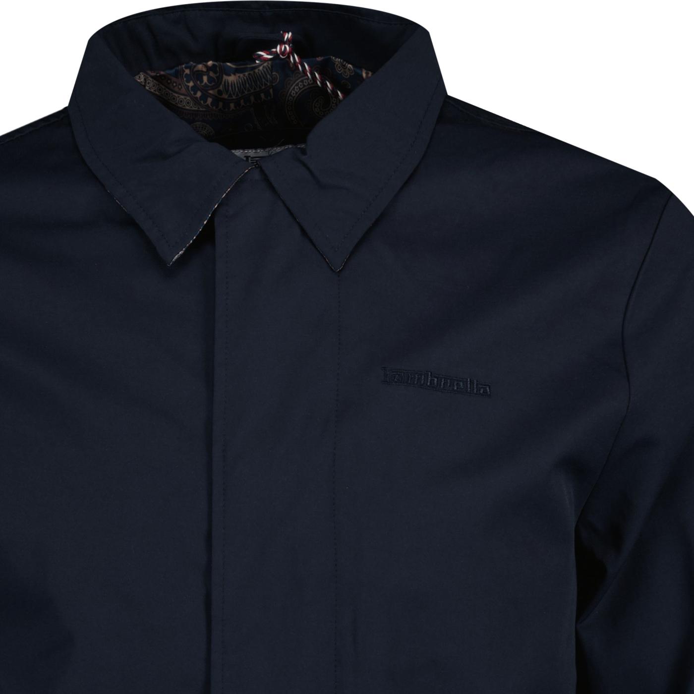 LAMBRETTA Clothing Retro Mod Coated Mac Raincoat in Navy