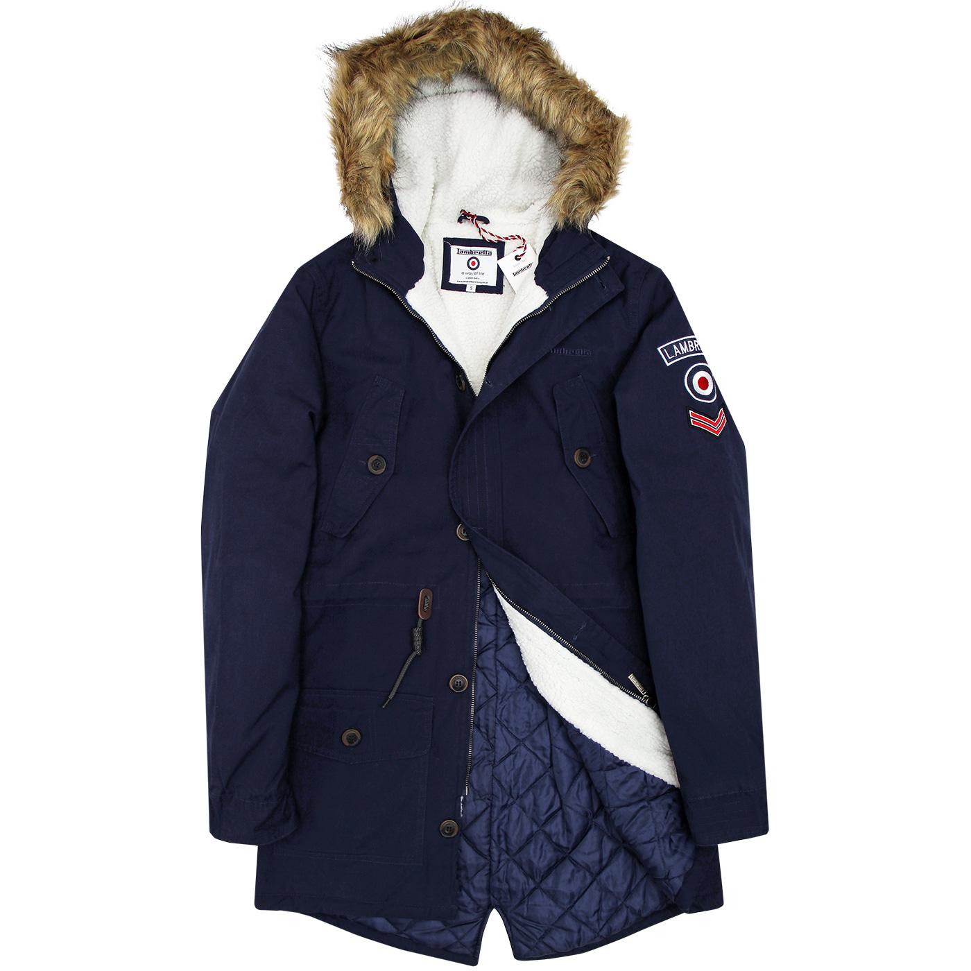 LAMBRETTA 1960s Mod Badged Fishtail Parka Jacket in Navy