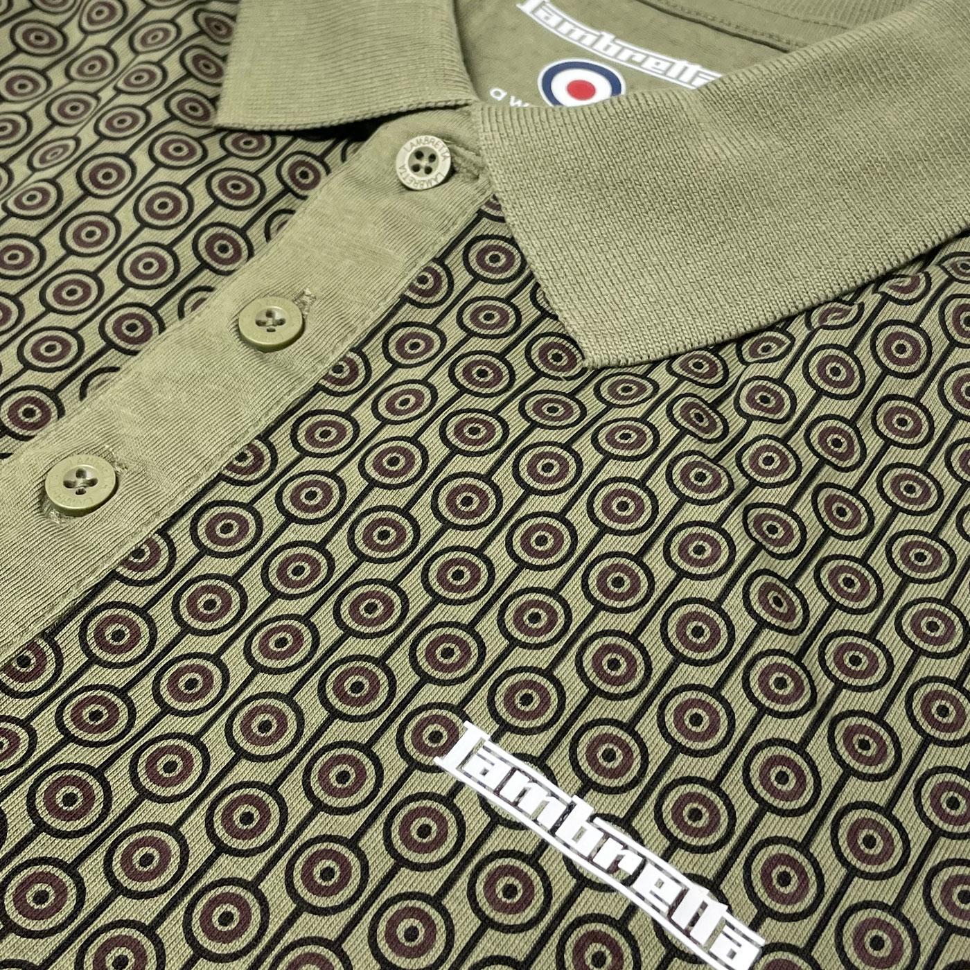 Lambretta Retro Mod Geo Roundel Print Polo Shirt Lichen Green