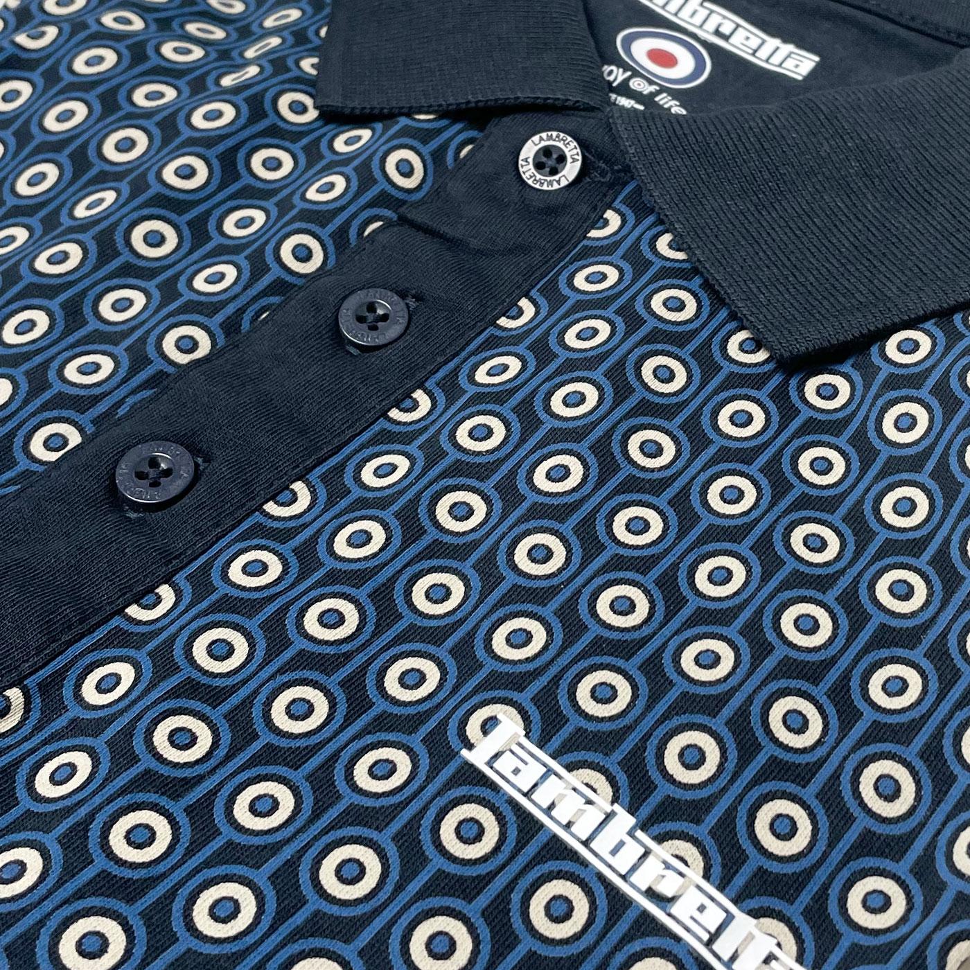 Lambretta Retro Mod Geo Roundel Print Polo Shirt in Navy Blue