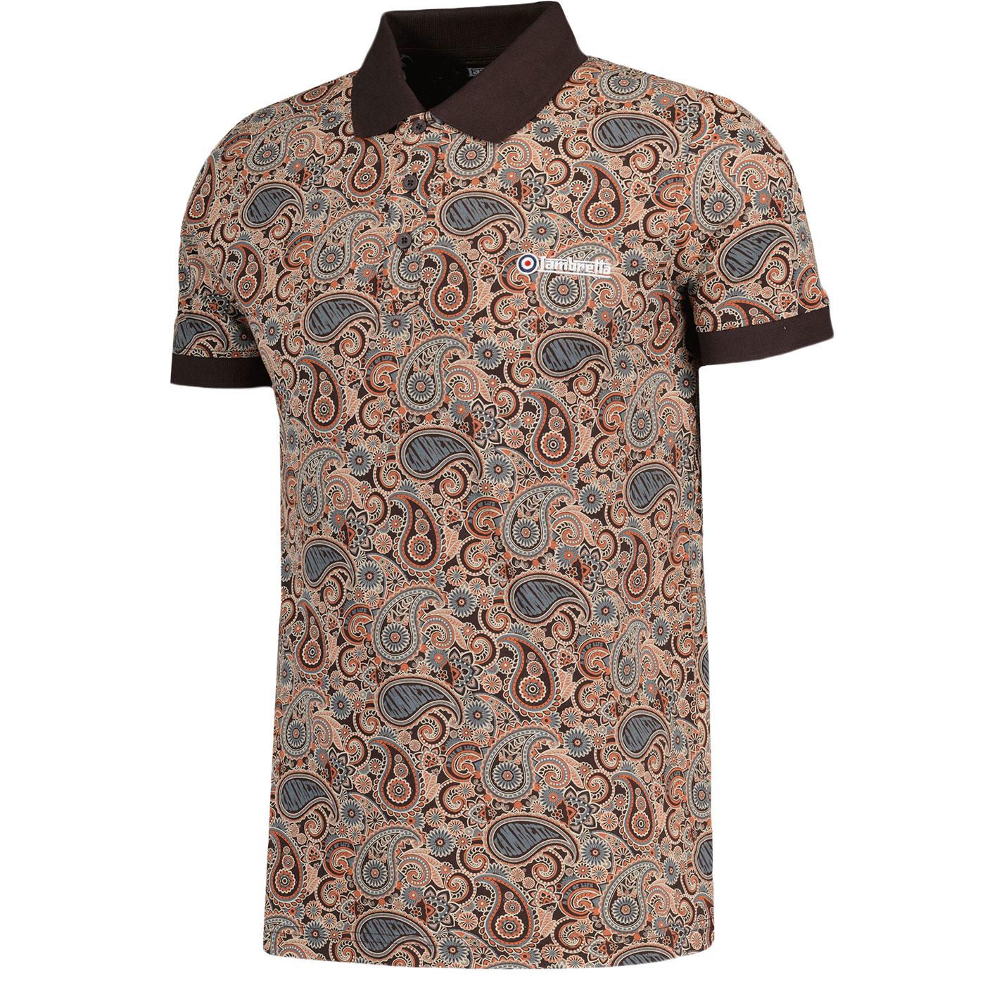 LAMBRETTA Retro 60s Mod Paisley Brand Print Polo Shirt Java