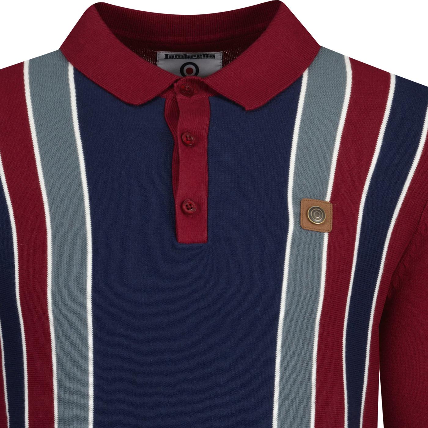 Lambretta Retro L/S Mod Striped Knitted Polo Shirt in Burgundy