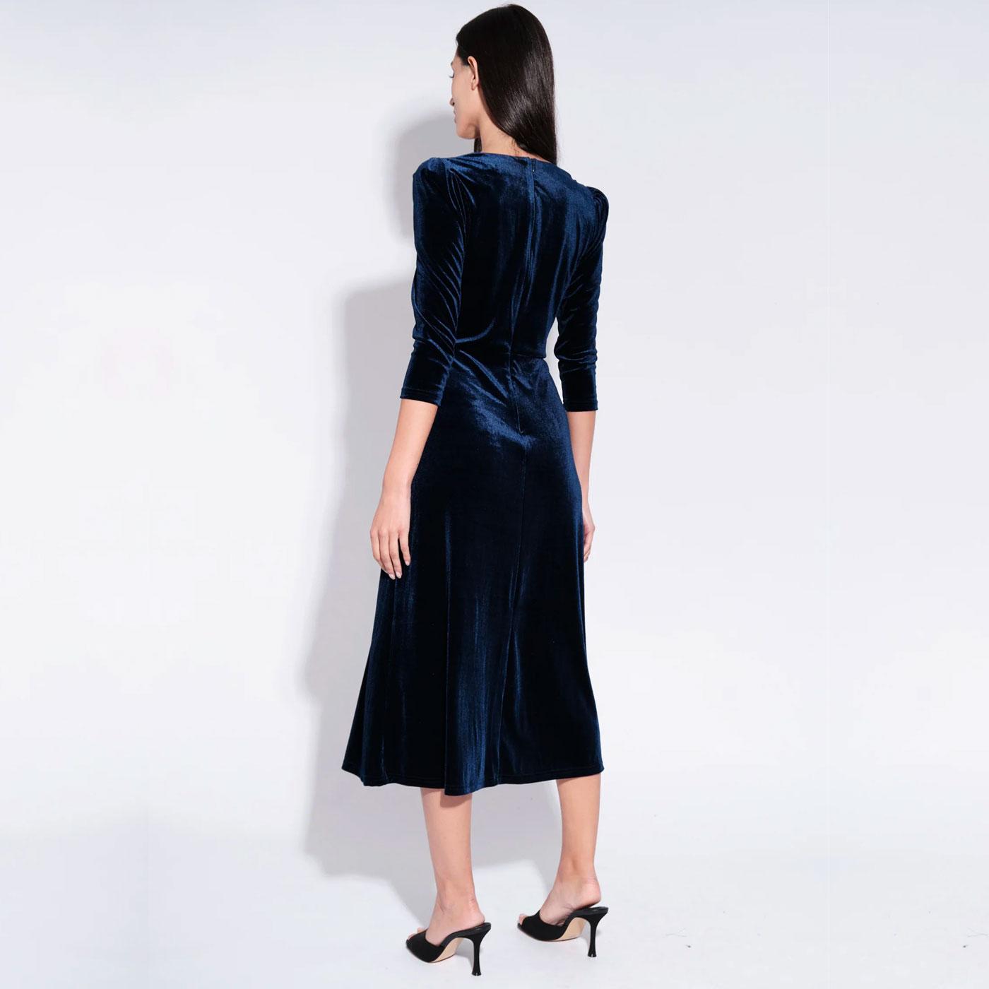 Louche London Ambrose Velvet Sweetheart Midi Dress in Navy