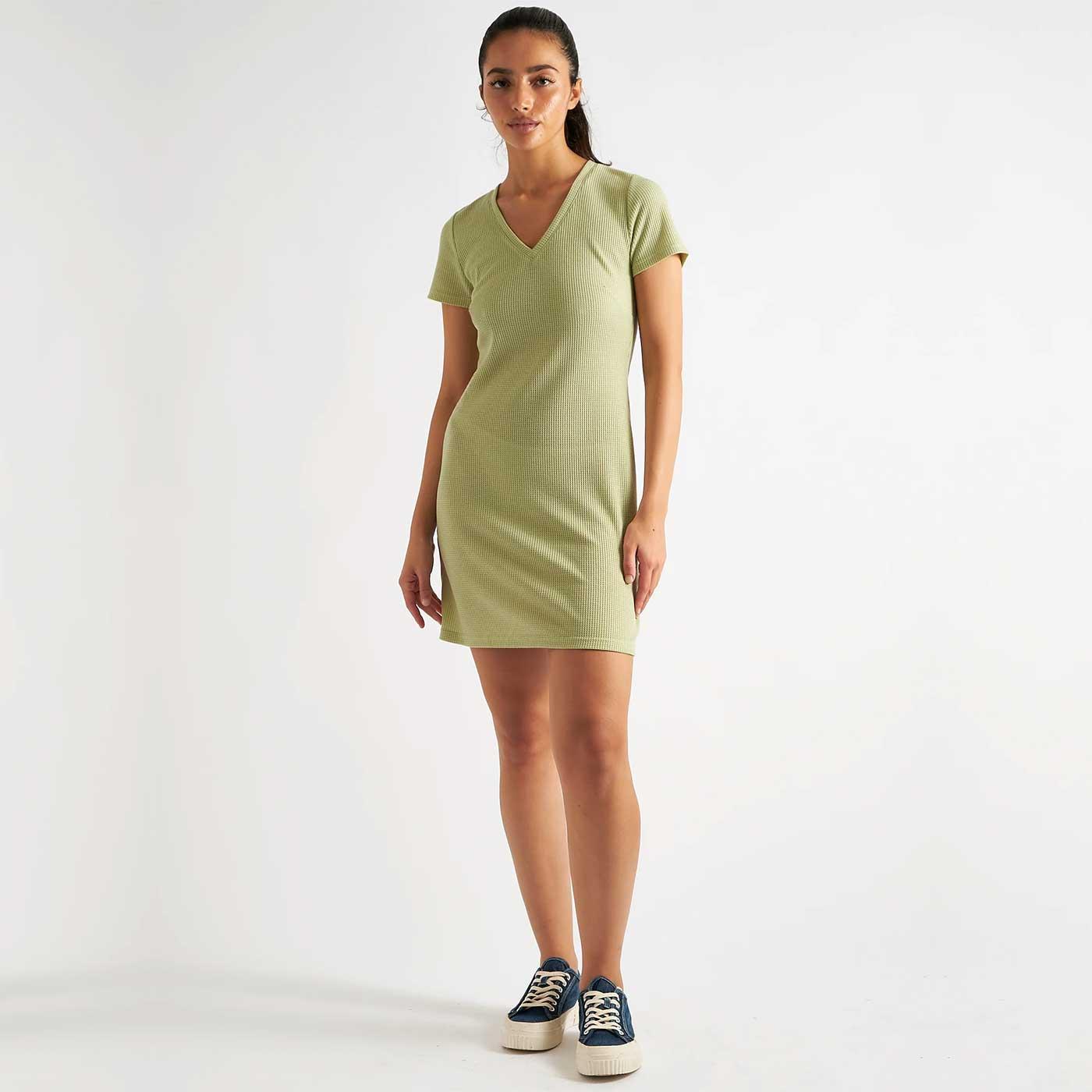 Louche London Sam Waffle Knit V-neck Mini Dress in Pistachio