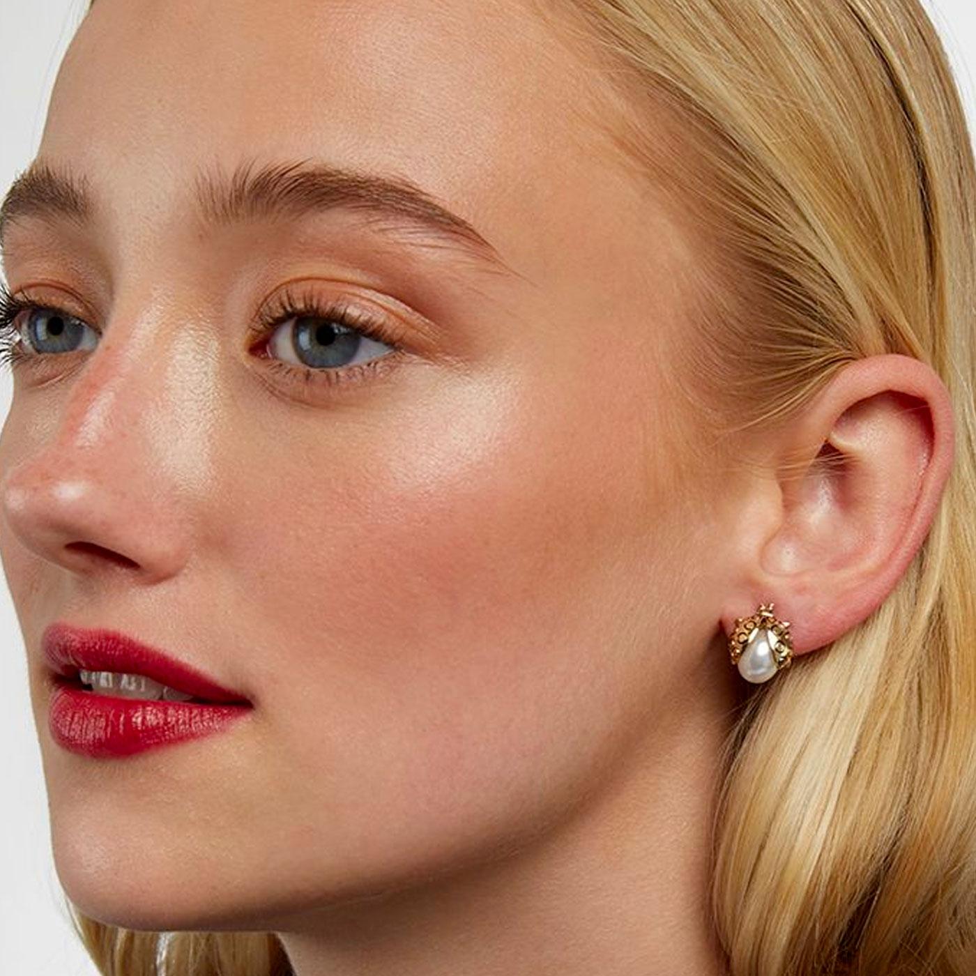 + LOUCHE Oren Vintage Ladybird Pearl Stud Earrings In Gold
