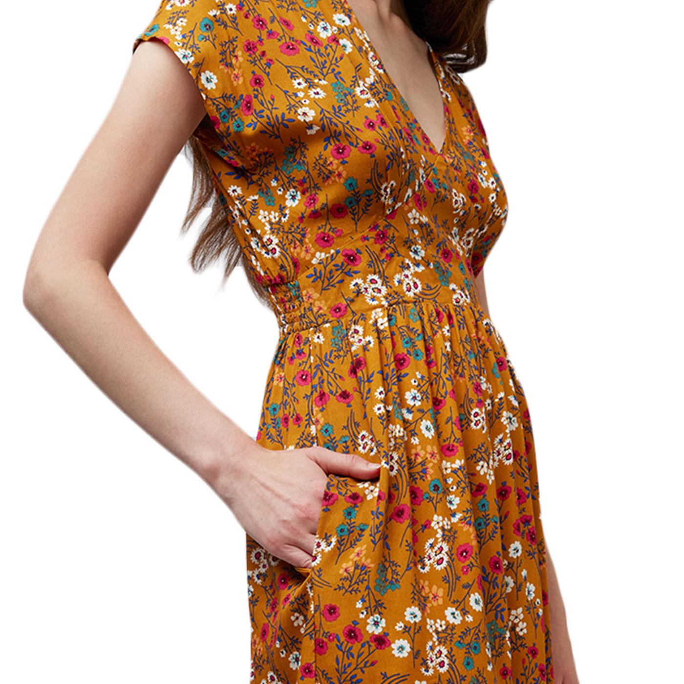 LOUCHE Unity Retro 70s Boho Midi Summer Dress in Mustard