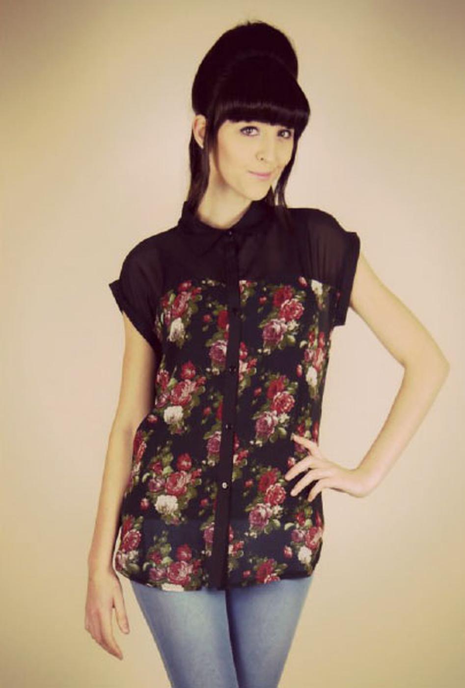 Lovestruck 'Imogen' Retro Vintage style Floral Rose Chiffon Shirt