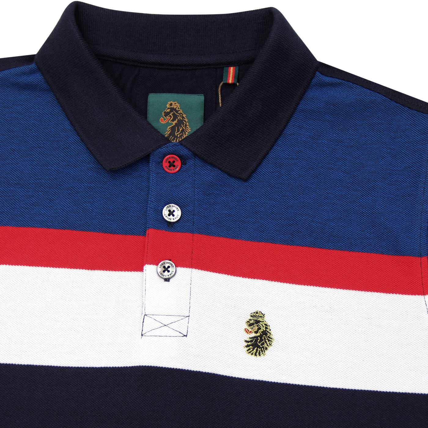 LUKE Grayson Retro Mod Stripe Panel Pique Polo Top in Navy