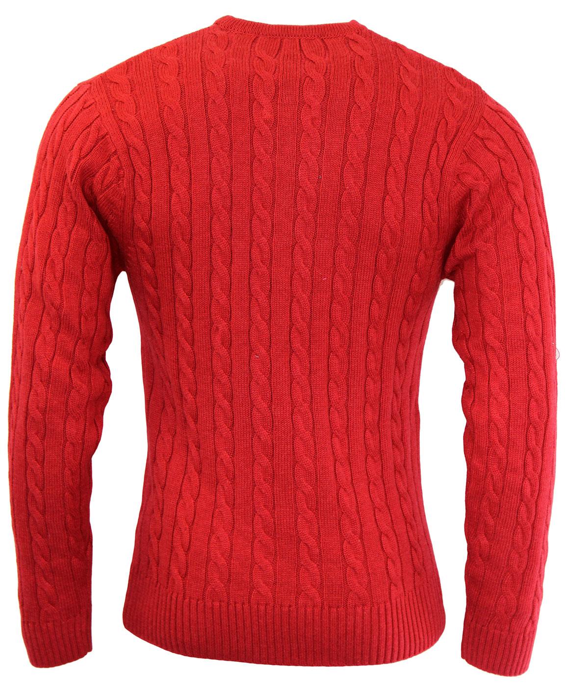 LUKE1977 Retro Horton LS Mens Cable Knit Mod Jumper In Red