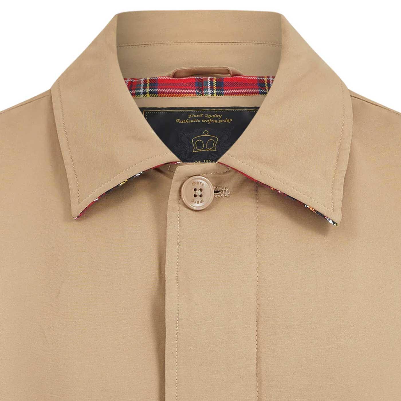 Merc Armstrong Retro Mod Tartan Lined Padded Mac Coat Beige