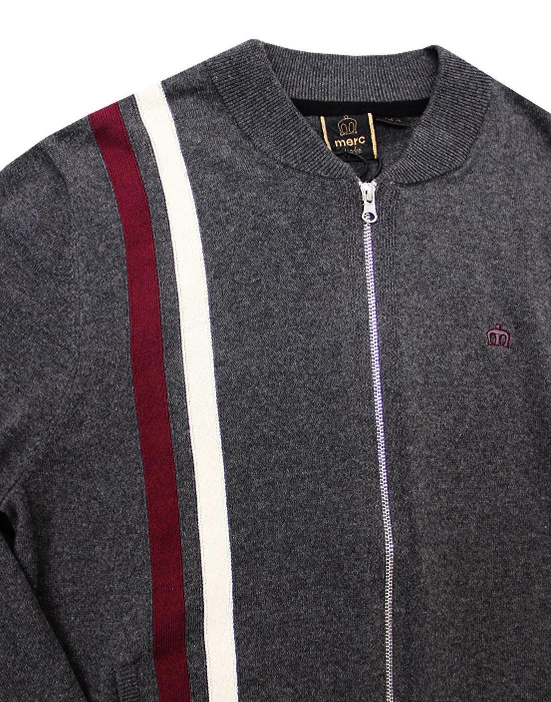MERC Fenby Retro Mod Racing Stripe Knitted Bomber Cardigan Grey