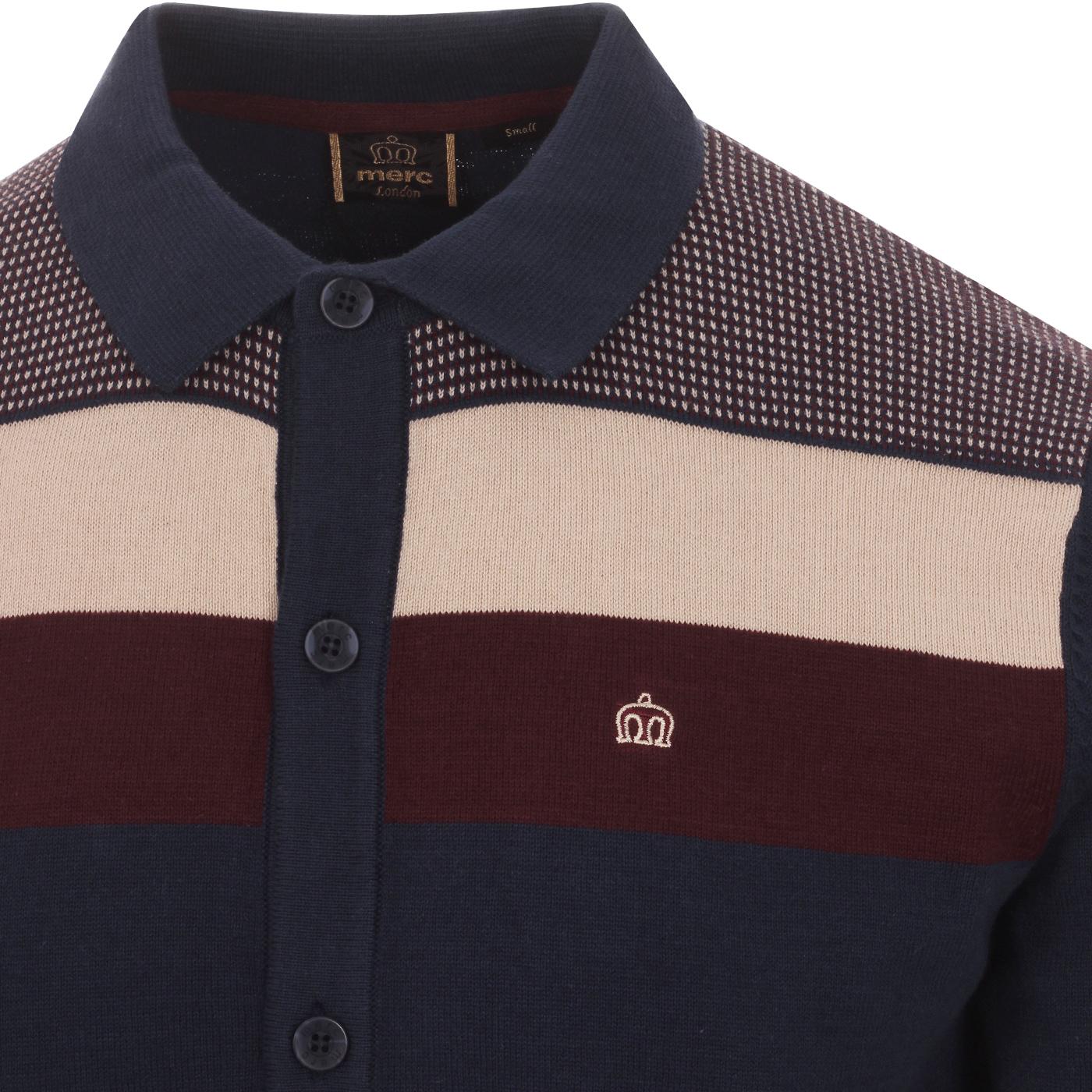 MERC Keble Retro 60s Mod Block Panel Polo Cardigan in Navy