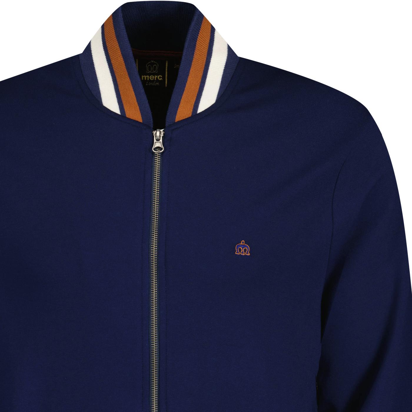 MERC Mullins Striped Bomber Collar Track Jacket in Dark Blue