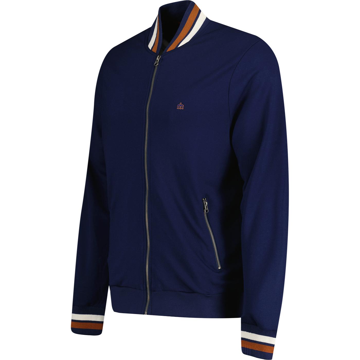 MERC Mullins Striped Bomber Collar Track Jacket in Dark Blue