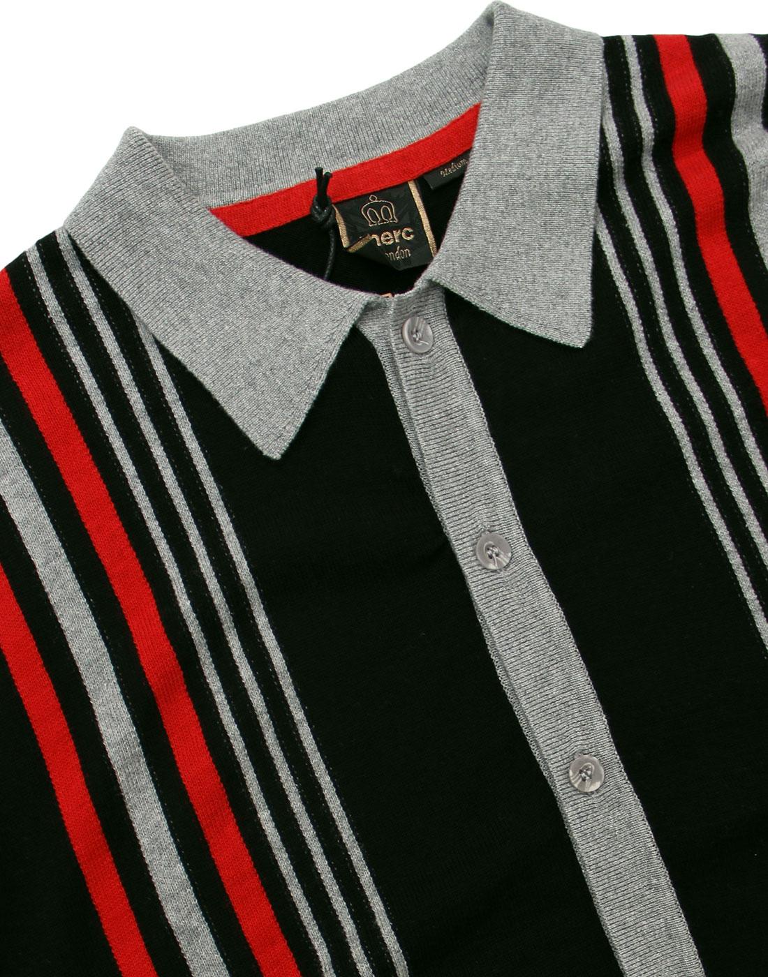 MERC Nutley Retro 1960s Mod Stripe Knit Polo Cardigan in Black