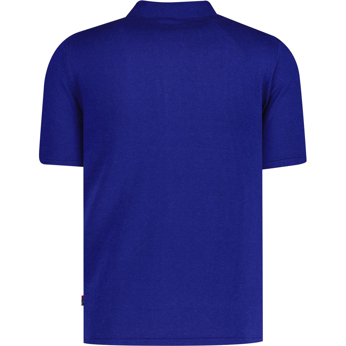MERC Phelps Retro Mod 60s Knitted Cardigan Polo in Blue