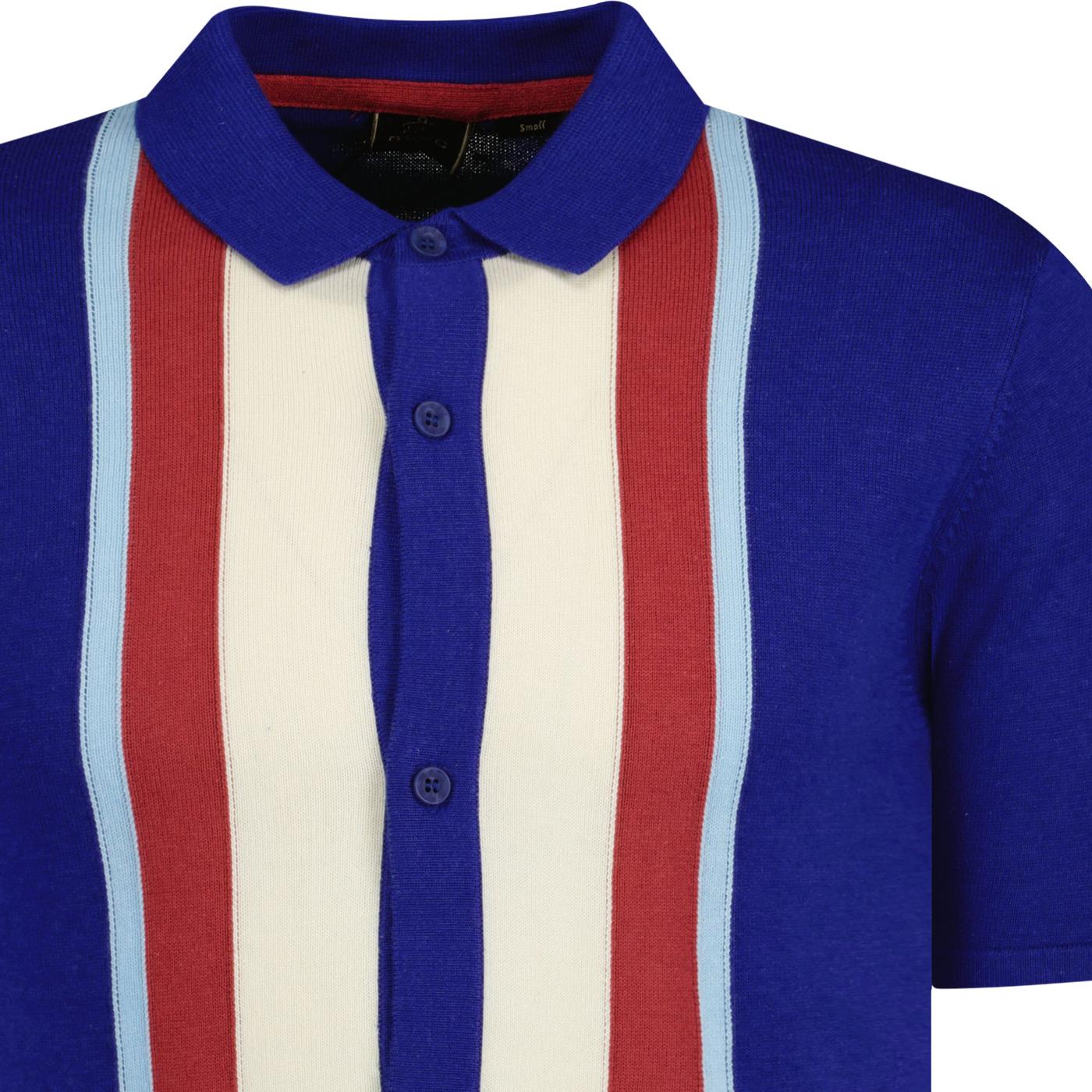 MERC Phelps Retro Mod 60s Knitted Cardigan Polo in Blue