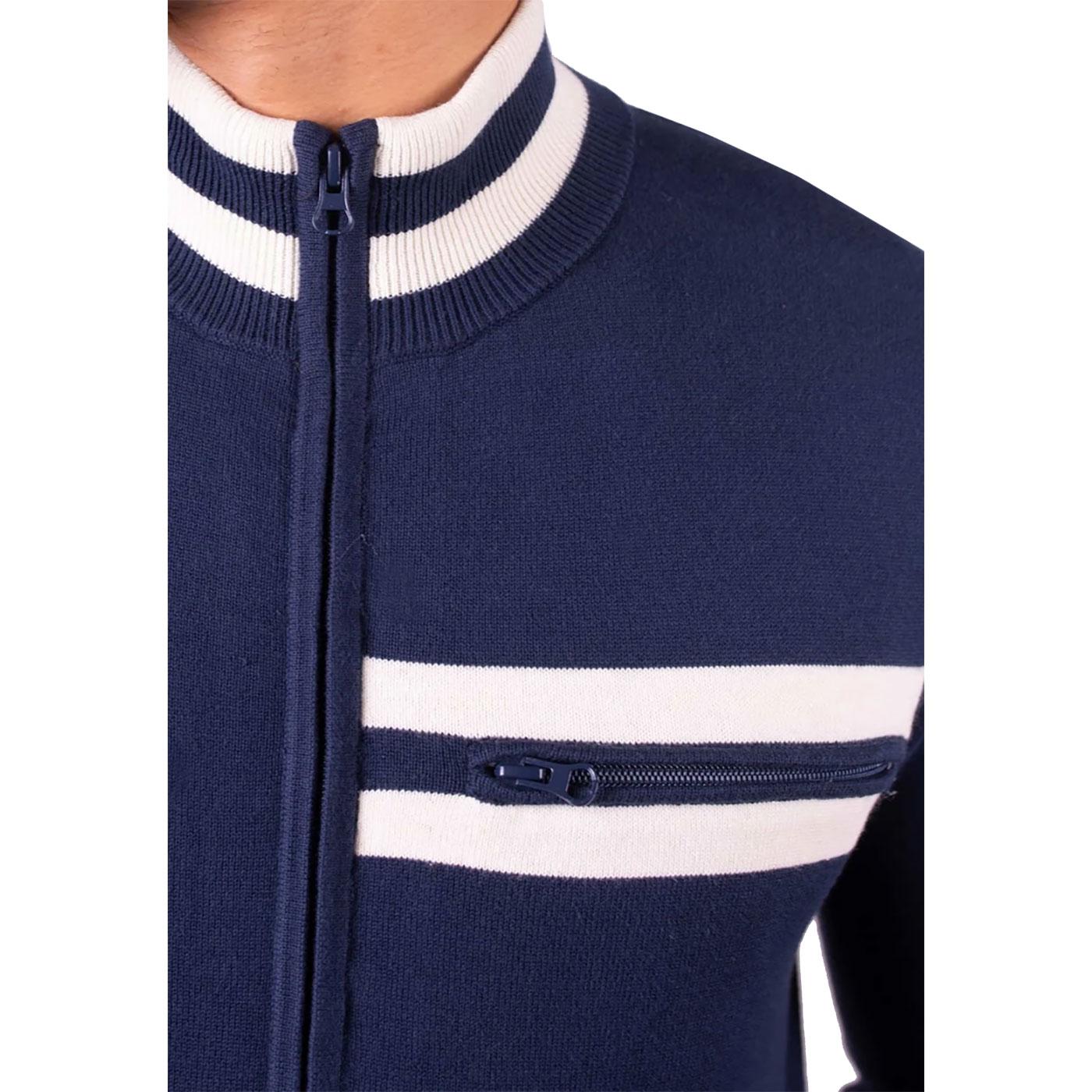 MERC LONDON 'Preston' Tripped Knitted Cardigan in Dark Blue