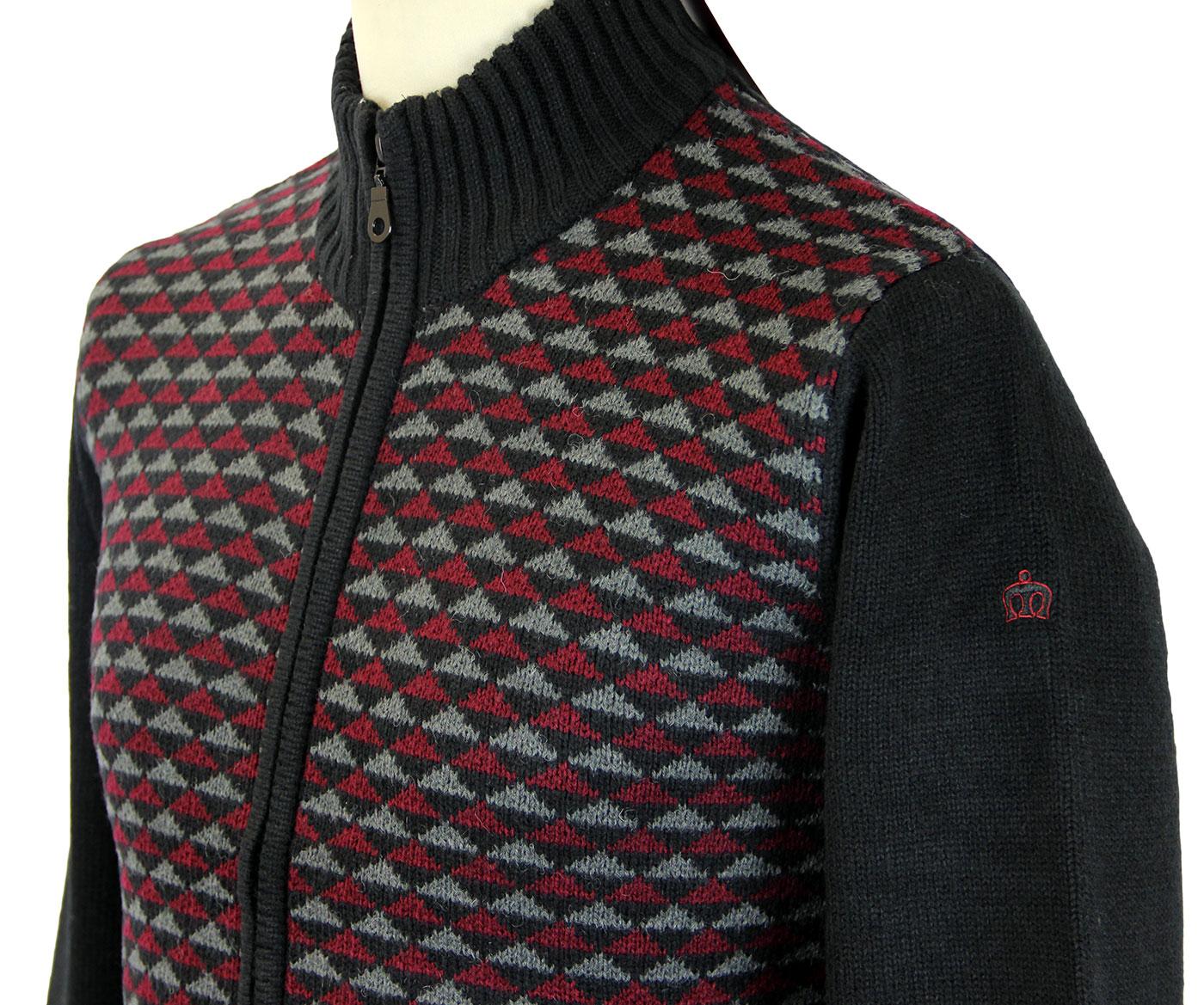 MERC Royston Retro Mod Geometric Knit Zip Through Cardigan Black