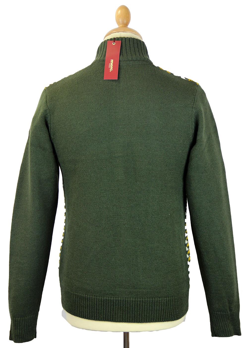 MERC Royston Retro Mod Geometric Knit Zip Through Cardigan Khaki