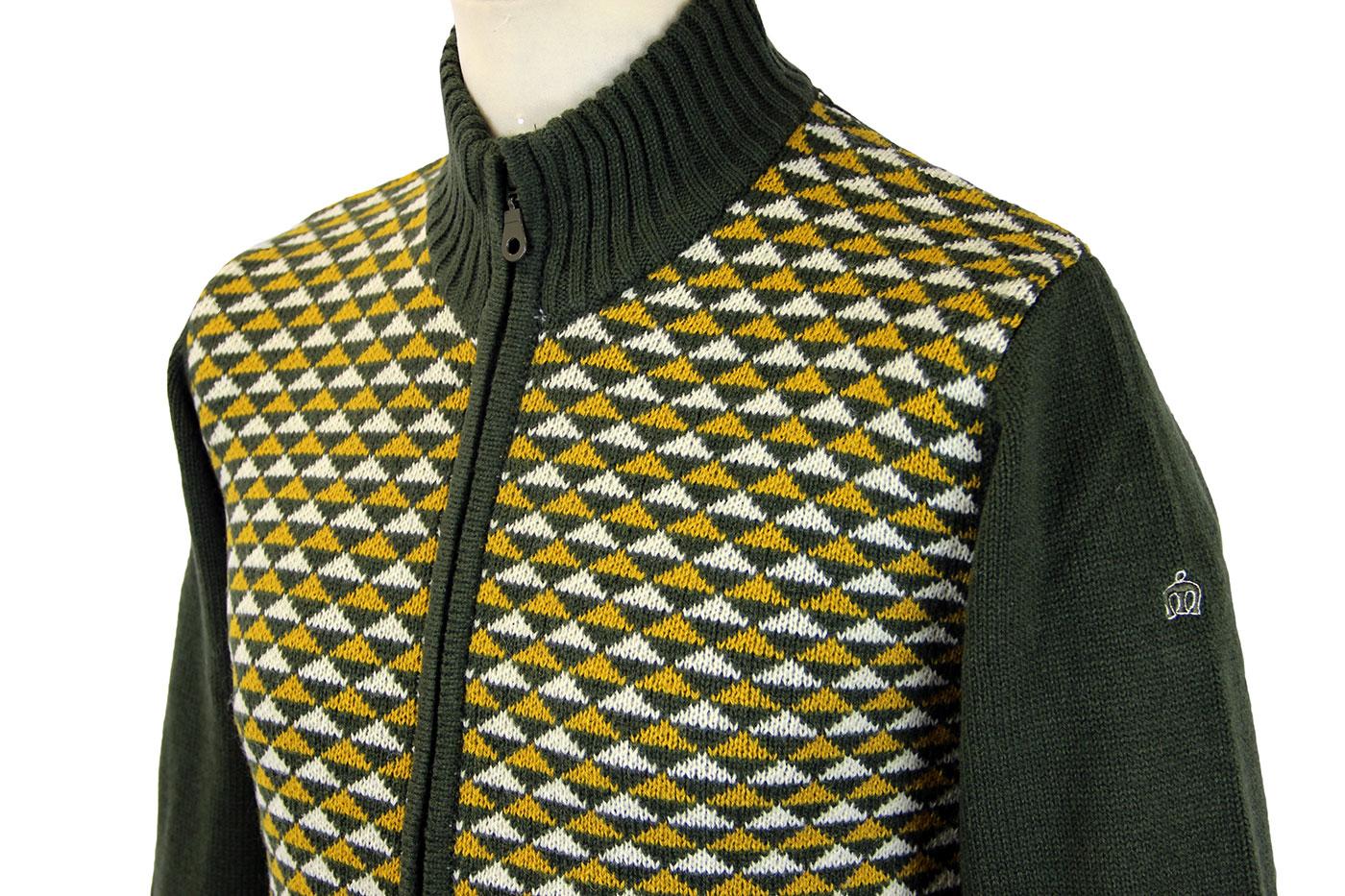 MERC Royston Retro Mod Geometric Knit Zip Through Cardigan Khaki