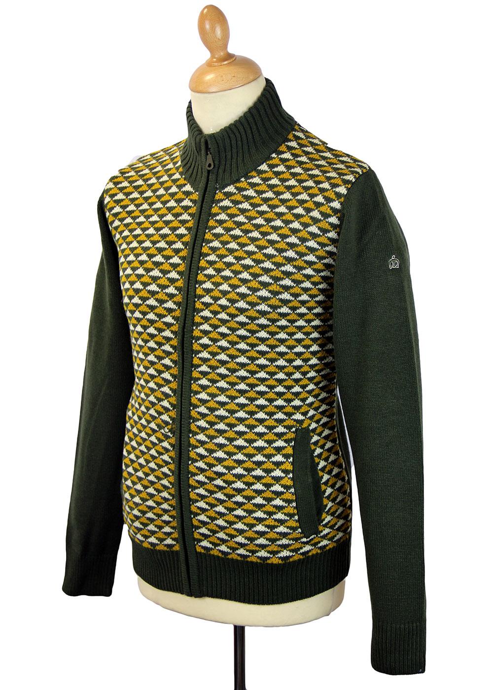 MERC Royston Retro Mod Geometric Knit Zip Through Cardigan Khaki